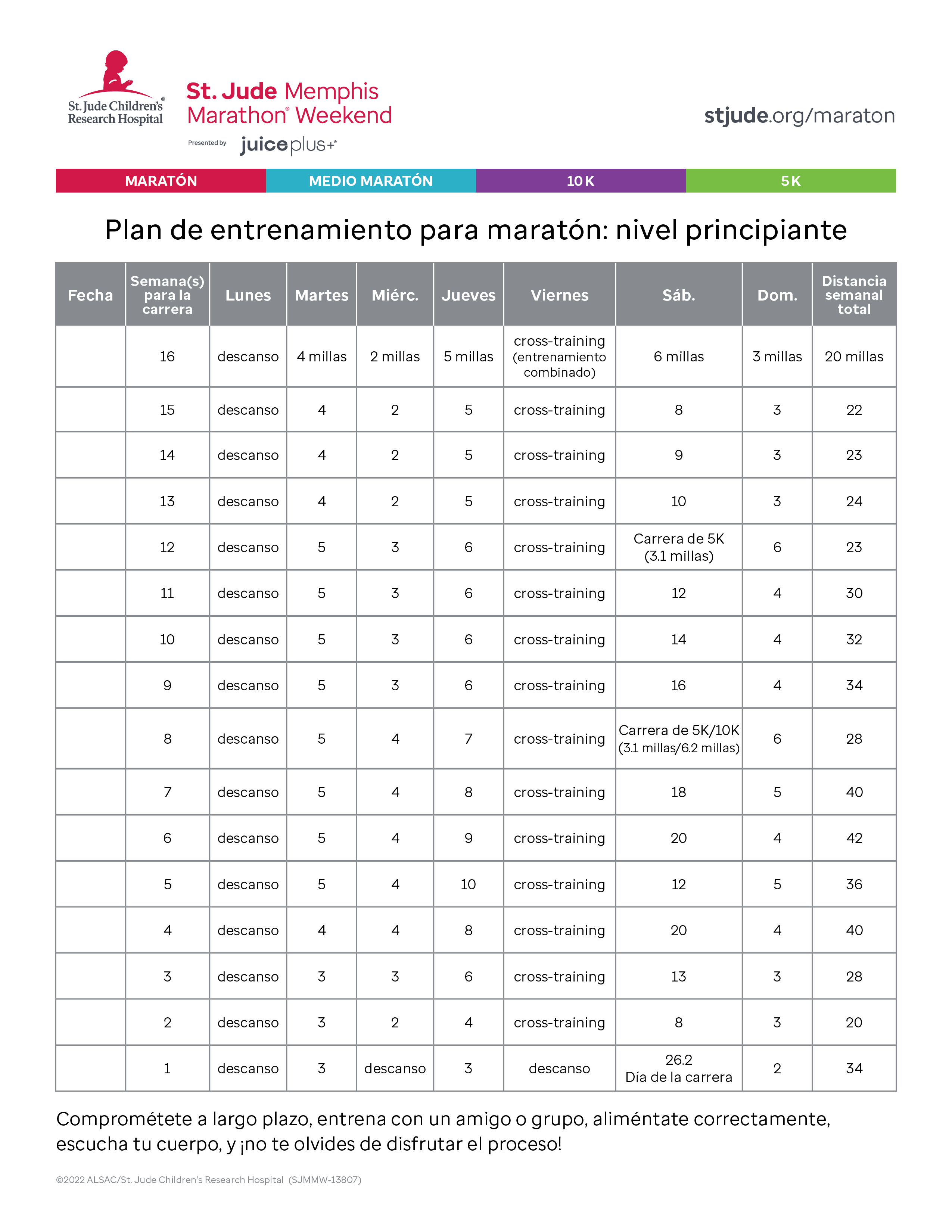 Entrenamiento para el Maratón: 16 semanas - St. Jude Memphis Marathon ...